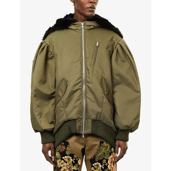 Simone Rocha Split Faux-fur Hood Oversized Woven Bomber Jacket - Black/black