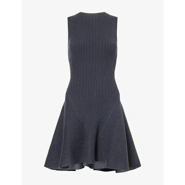 Alaïa Ribbed Flared-hem Wool-blend Midi Dress - Gris Bleu