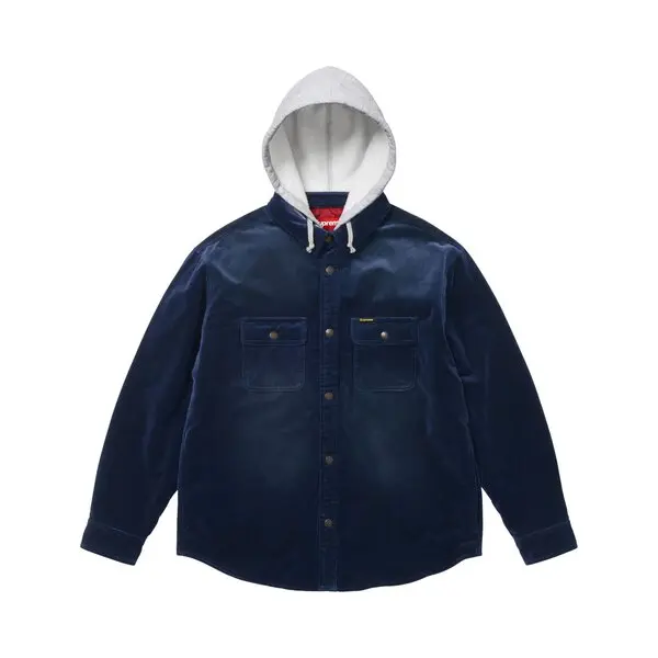 Supreme Quilted Lined Hooded Velvet Snap Shirt 'navy