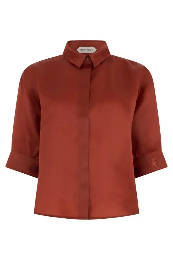 Alberta Ferretti Silk Button-front Three-quarter Sleeve Shirt With Classic Collar