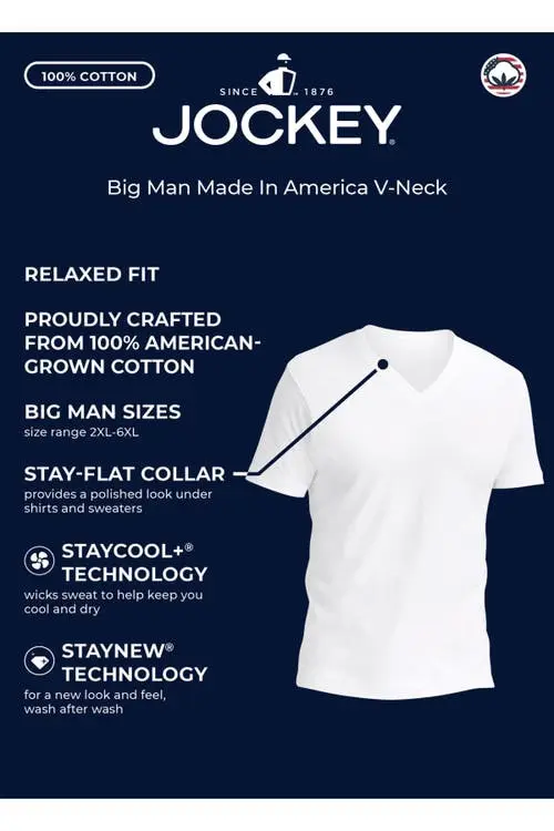 JOCKEY Big Made In America 100% Cotton V-neck Undershirt2 Pack