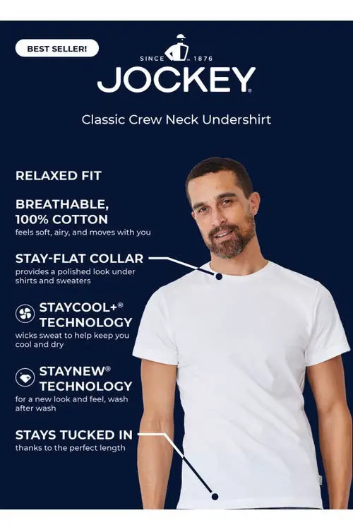 JOCKEY 100% Cotton Classic Crew Neck Undershirt12 Pack - White