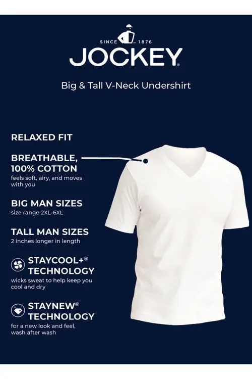 JOCKEY Big & Tall 100% Cotton Classic V-neck Undershirt6 Pack