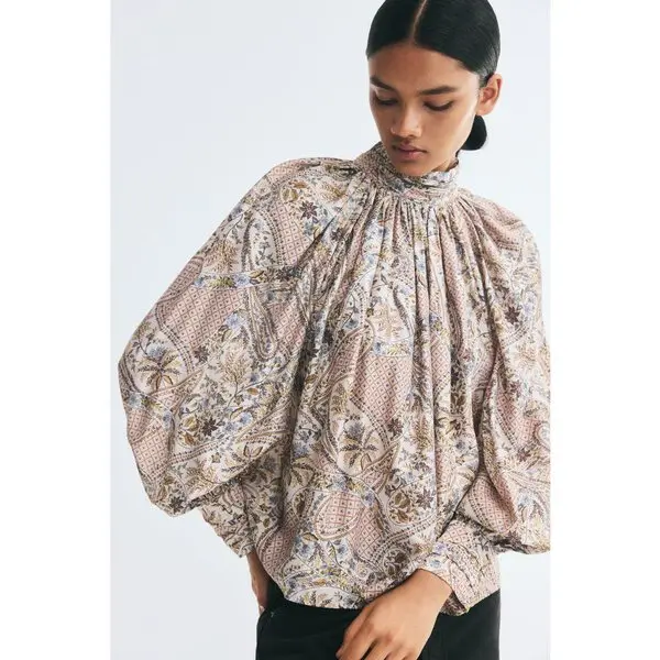 H&M Balloon-sleeved Blouse - Light Beige/paisley