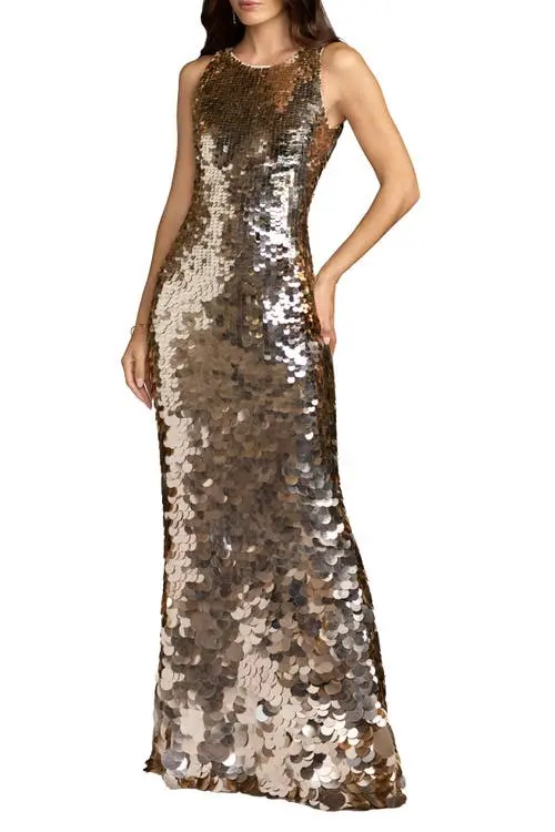 Mac Duggal Sleeveless High Neck Disc Sequin A Line Gown - Gold