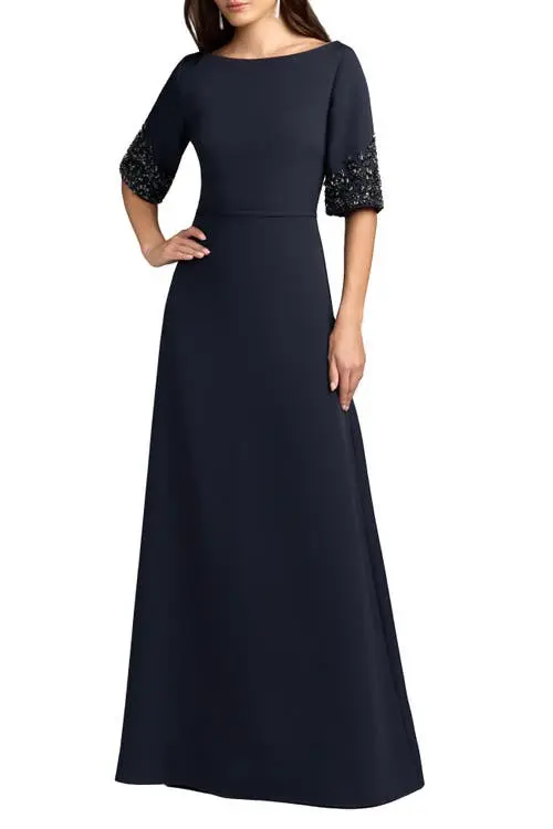 Mac Duggal Embellished Sleeve Crepe A-line Gown - Midnight