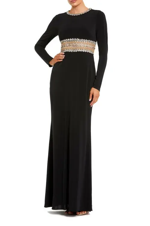 Mac Duggal Long Sleeve Gown With Embellished Cut Out - Black