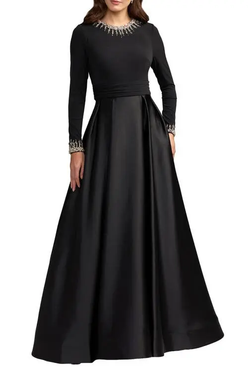 Mac Duggal Embellished Long-sleeve Satin Ball Gown - Black