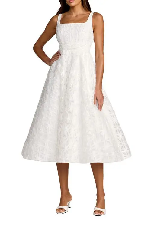 Mac Duggal Tulle Floral Midi Dress With Pockets - Ivory