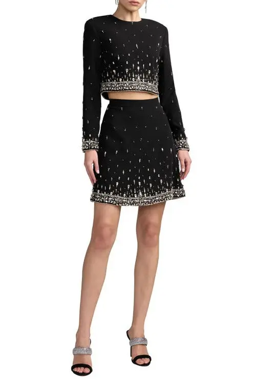 Mac Duggal Beaded Crepe Long Sleeve Top And Mini Dress