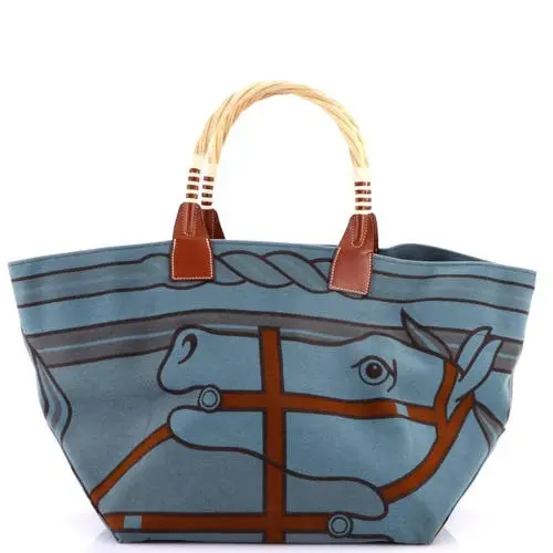 Hermès Sac Steeple Tote Printed Toile With Wood - Blue