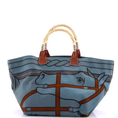 Hermès Sac Steeple Tote Printed Toile With Wood - Blue
