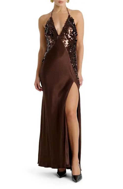 Bardot Paillette Halter Satin Gown