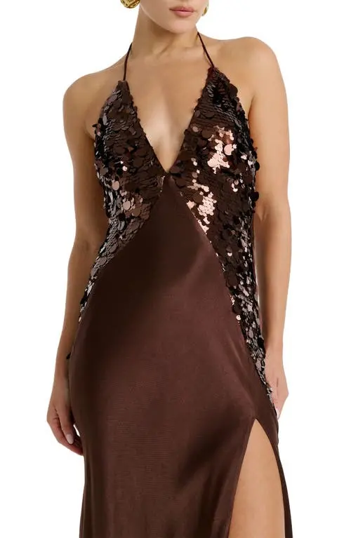 Bardot Paillette Halter Satin Gown