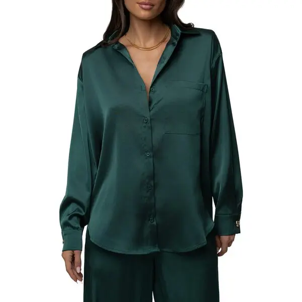 JLUXLABEL Island Ease Collared Satin Top - Emerald