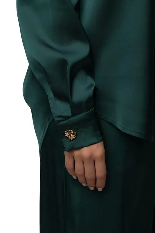 JLUXLABEL Island Ease Collared Satin Top - Emerald