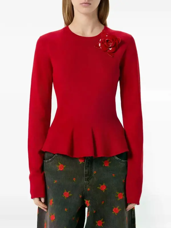 Blumarine Rose-brooch Peplum-hem Sweater