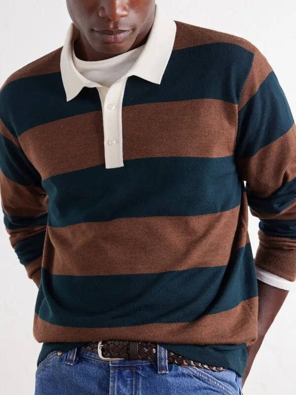 DRAKE'S Striped Merino Wool-jersey Polo Shirt - Green