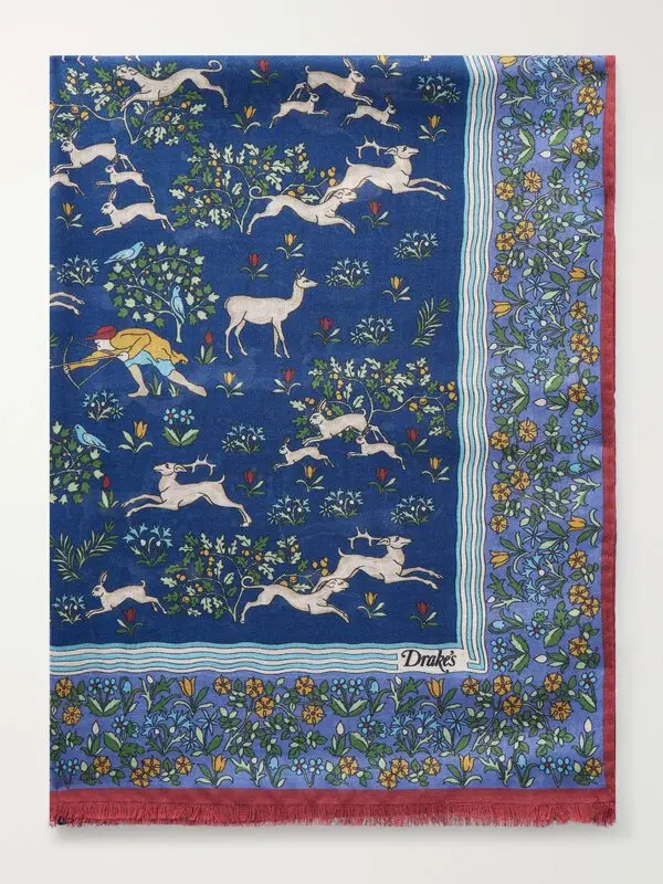 DRAKE'S Archival Animals Frayed Printed Wool And Silk-blend Gauze Scarf