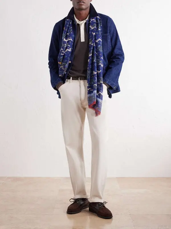 DRAKE'S Archival Animals Frayed Printed Wool And Silk-blend Gauze Scarf