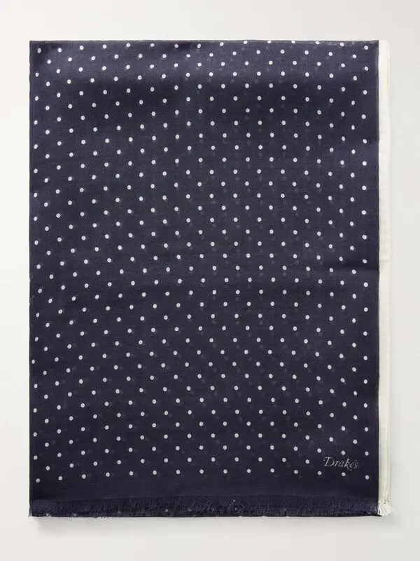 DRAKE'S Shoestring Frayed Polka-dot Wool And Silk-blend Twill Scarf