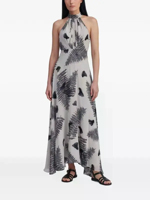 Vintage Leaf-print Halterneck Maxi Dress
