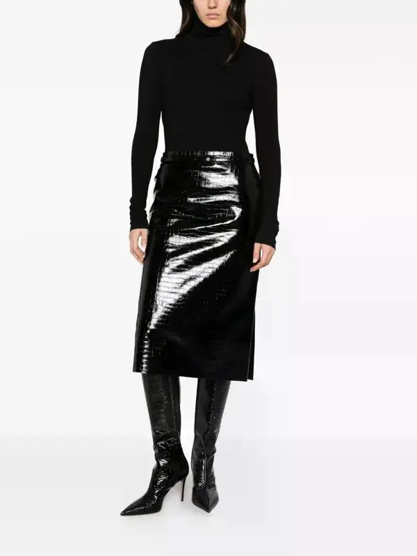 TOM FORD Crocodile-effect Belted Midi Skirt