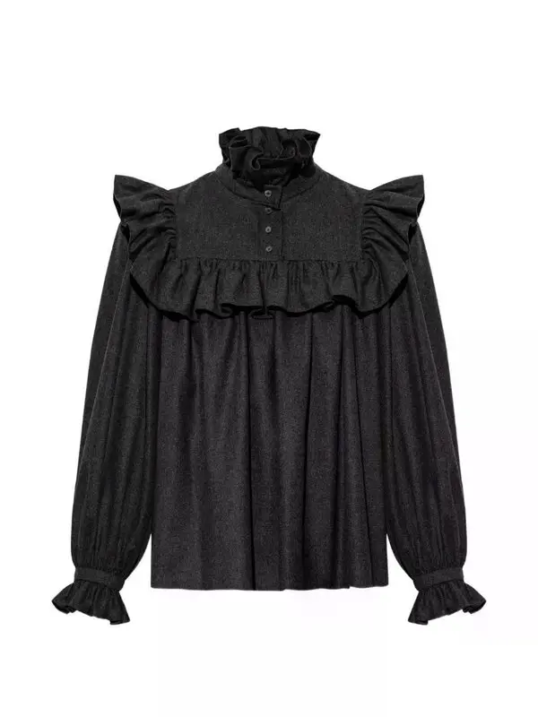 Chloé High-neck Ruffled Top In Wool & Cashmere Flannel - Grey