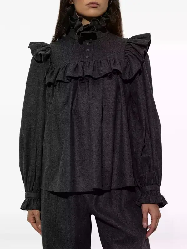 Chloé High-neck Ruffled Top In Wool & Cashmere Flannel - Grey
