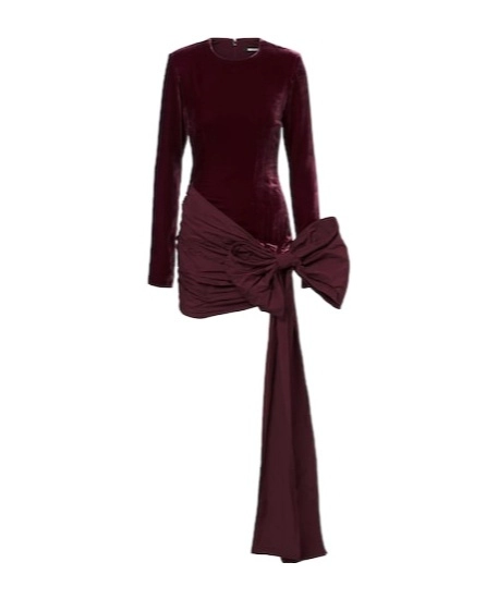 ROTATE BY BIRGER CHRISTENSEN Bow-detail Ruched Velvet Minidress - Wine Red
