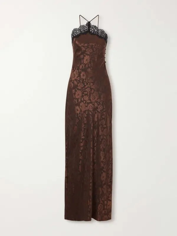 Veronica Beard Rue Lace-trimmed Floral-jacquard Silk-blend Satin Maxi Dress - Brown