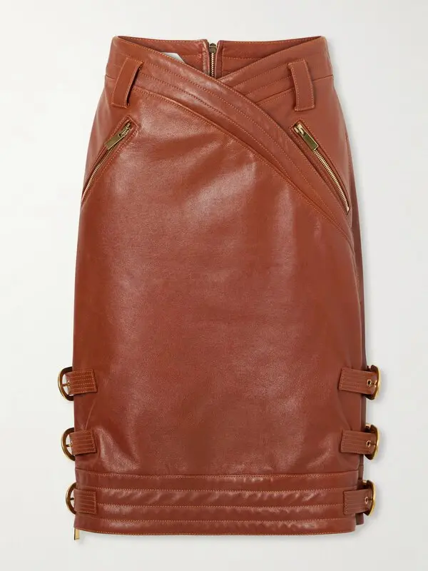 Versace Wrap-effect Buckle-detailed Leather Knee-length Skirt - Brown