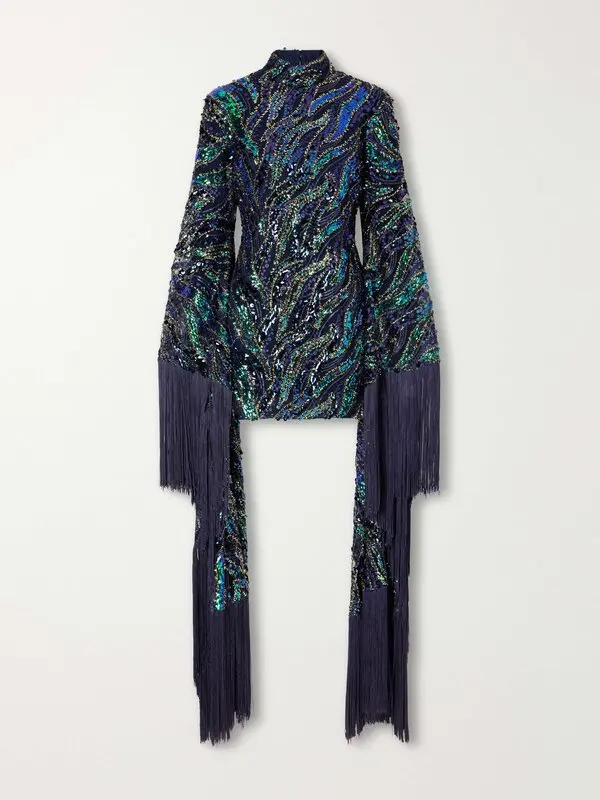 TALLER MARMO Disco Dragon Sequin-embellished Fringe-trimmed Mesh Mini Dress