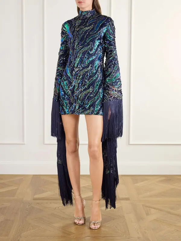TALLER MARMO Disco Dragon Sequin-embellished Fringe-trimmed Mesh Mini Dress