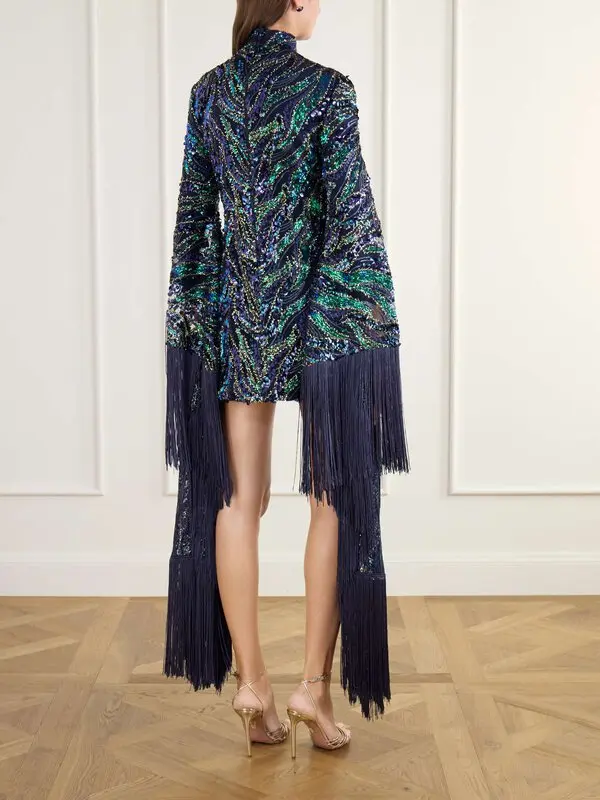 TALLER MARMO Disco Dragon Sequin-embellished Fringe-trimmed Mesh Mini Dress