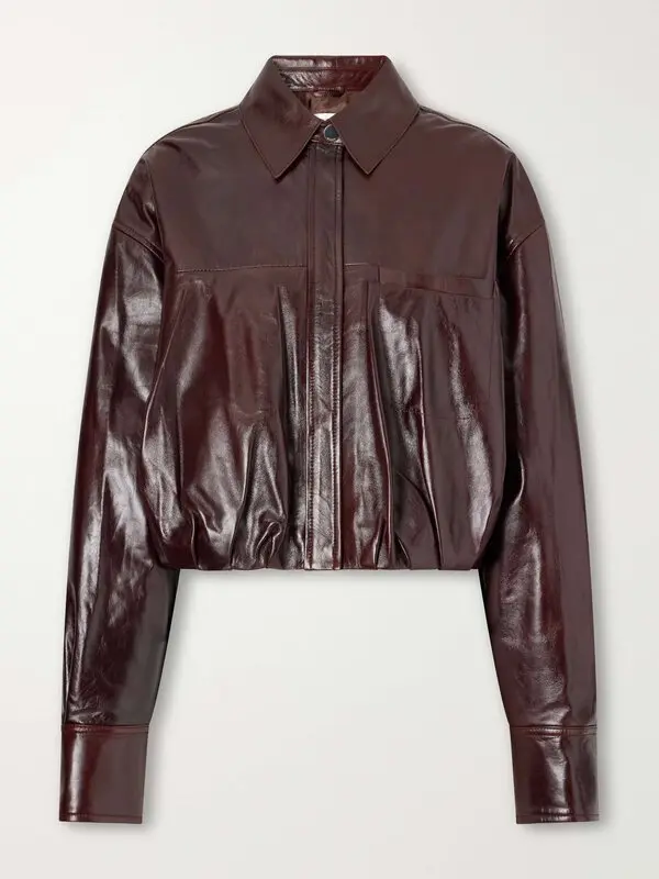 Sportmax Liuti Cropped Gathered Leather Biker Jacket - Dark Brown