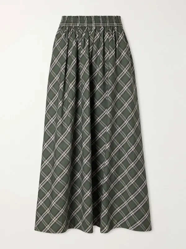 SKALL STUDIO Dagny Gathered Checked Organic Cotton-poplin Midi Skirt