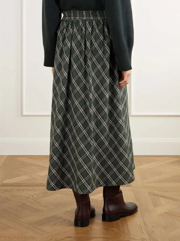 SKALL STUDIO Dagny Gathered Checked Organic Cotton-poplin Midi Skirt