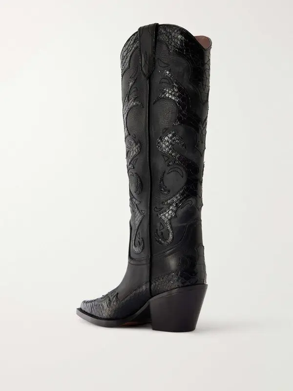 Paris Texas Tucson 60 Embroidered Snake-effect Trimmed Leather Knee Boots