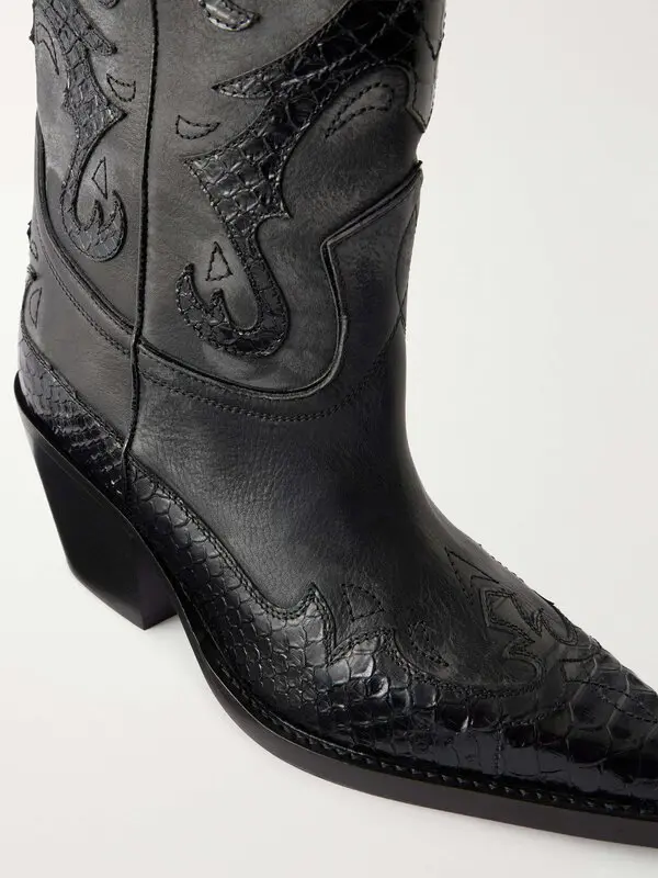 Paris Texas Tucson 60 Embroidered Snake-effect Trimmed Leather Knee Boots