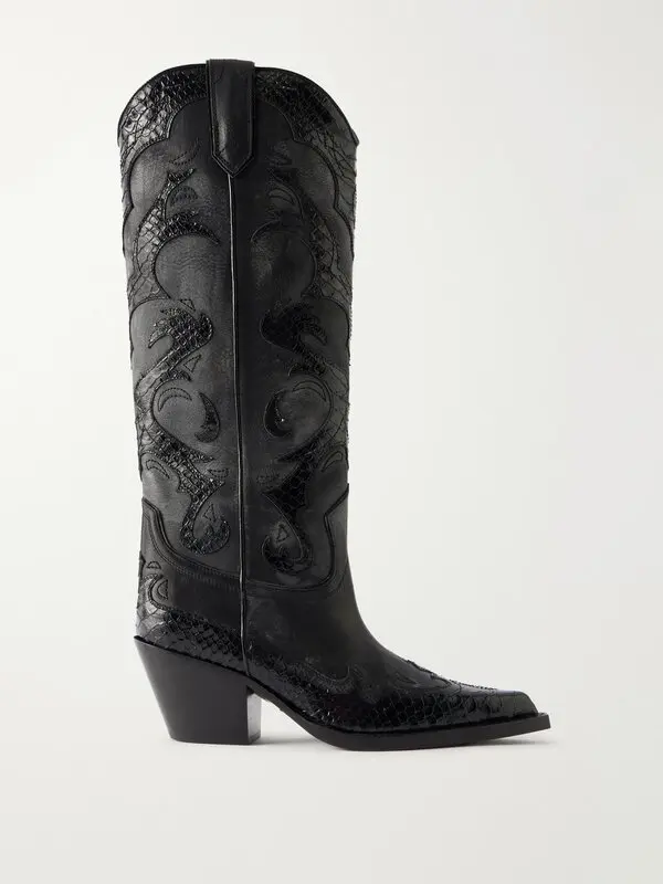Paris Texas Tucson 60 Embroidered Snake-effect Trimmed Leather Knee Boots - Black