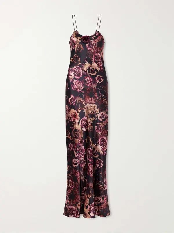 RODARTE Rose-appliquéd Floral-print Silk-satin Gown