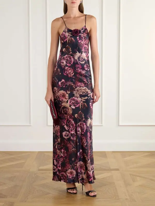 RODARTE Rose-appliquéd Floral-print Silk-satin Gown