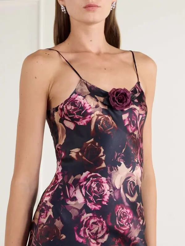 RODARTE Rose-appliquéd Floral-print Silk-satin Gown