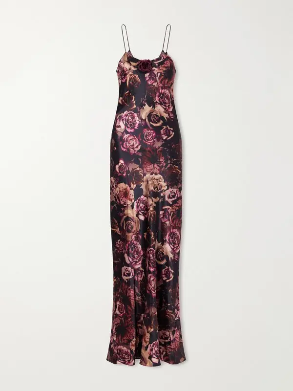 RODARTE Rose-appliquéd Floral-print Silk-satin Gown - Multi