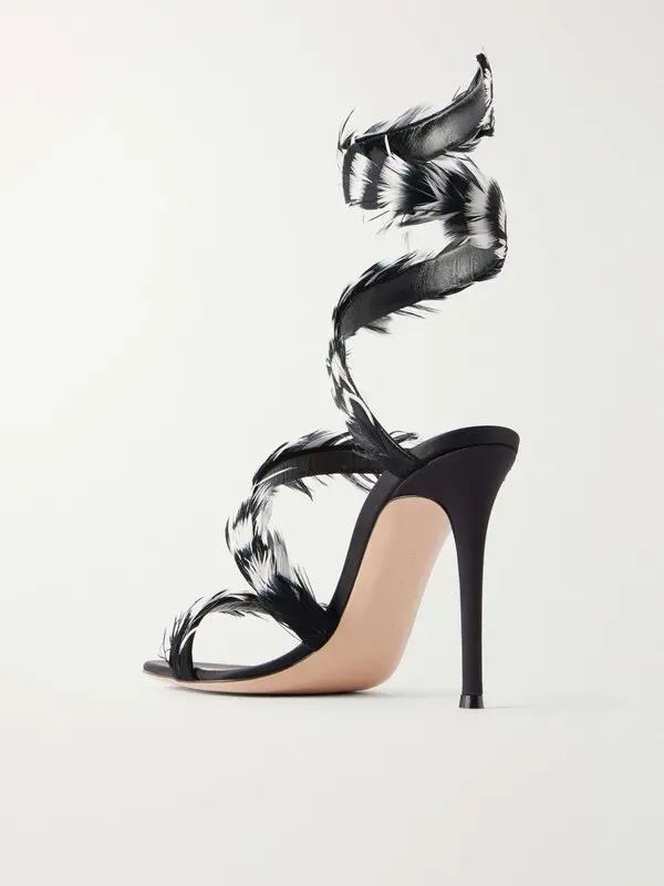 GIANVITO ROSSI Opera 105 Feather-trimmed Leather Sandals - Black