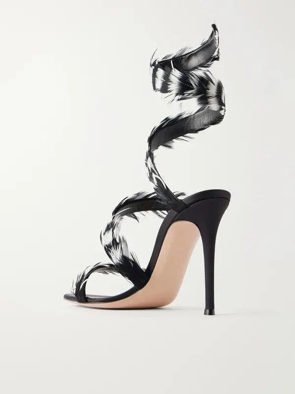 GIANVITO ROSSI Opera 105 Feather-trimmed Leather Sandals - Black