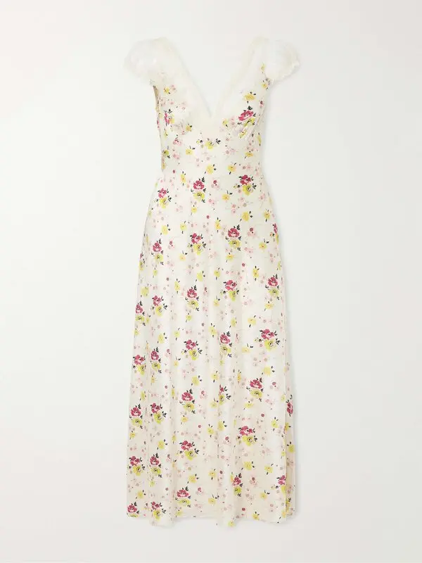 DÔEN Corelia Floral-print Belted Lace-trimmed Midi Dress - Ivory