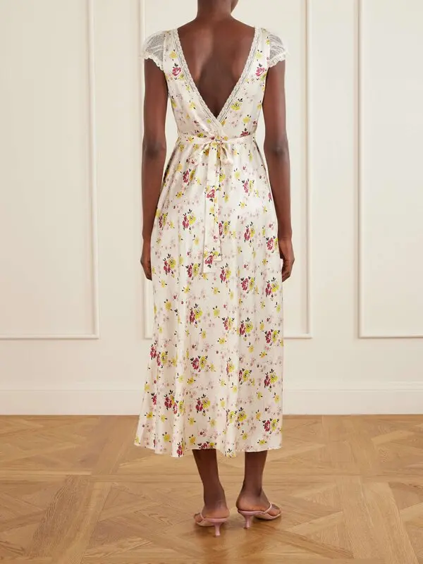 DÔEN Corelia Floral-print Belted Lace-trimmed Midi Dress - Ivory