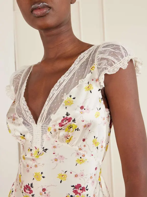 DÔEN Corelia Floral-print Belted Lace-trimmed Midi Dress - Ivory